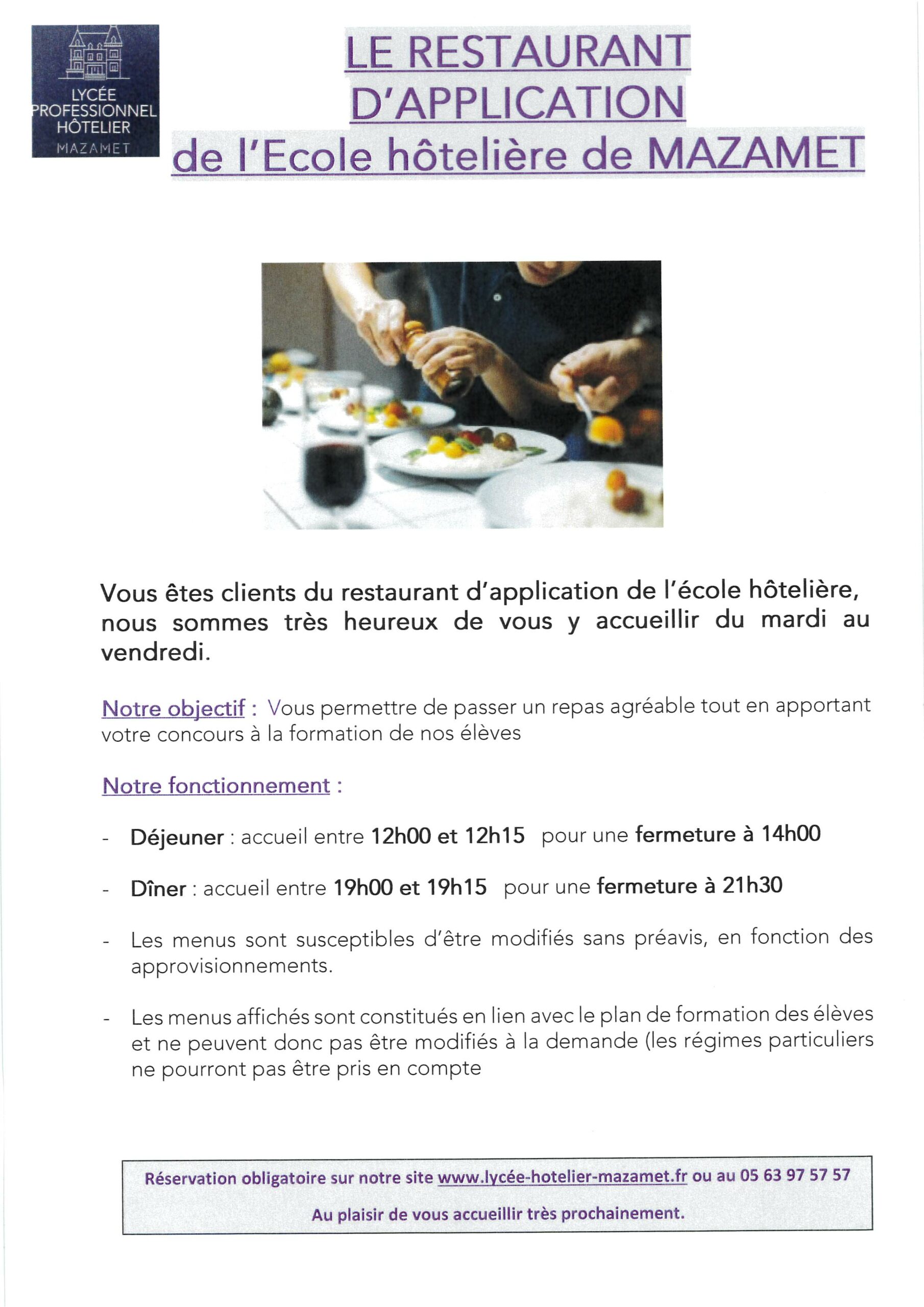 Les Menus du Restaurant d'application | Lycée Professionnel Hôtelier de ...